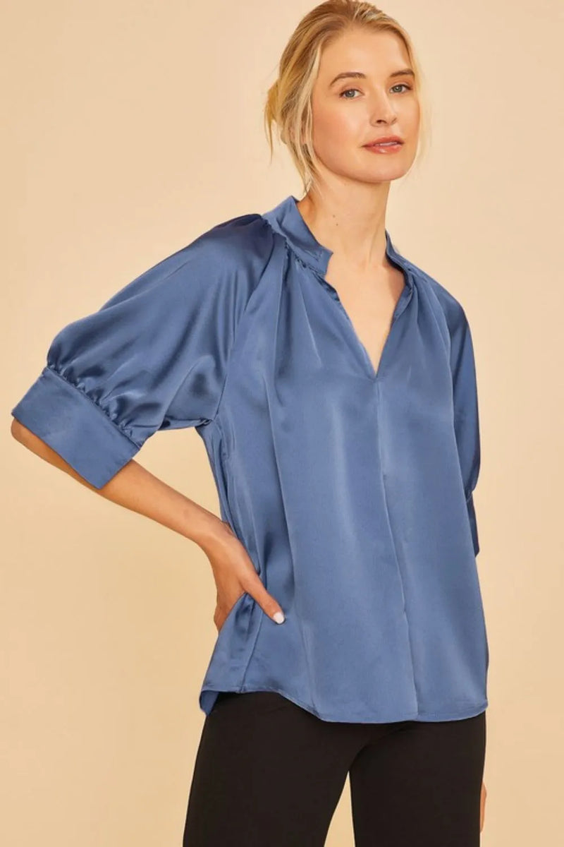 Annie Wear Satin V Neck Open Short Sleeve Woven Blouse Top – Charming ...