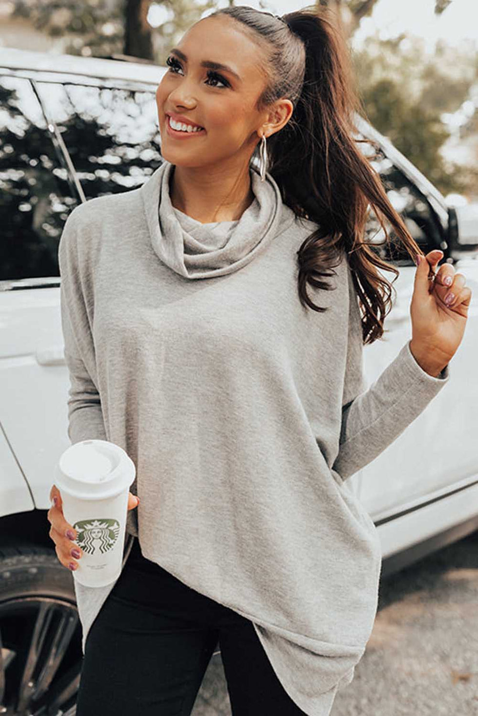 Side Slit High-Low Cowl Neck Long Sleeve Blouse – Charming Charlie