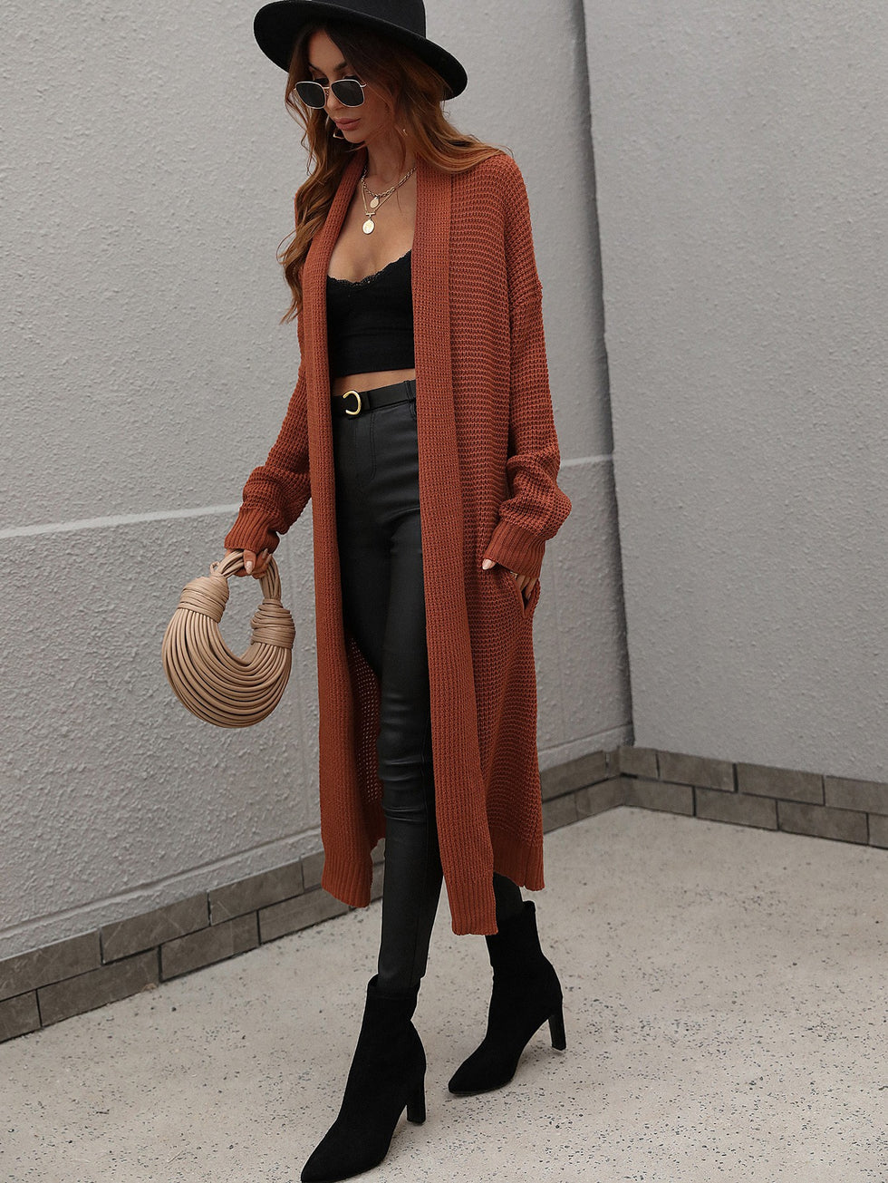 Double Take Waffle Knit Open Front Duster Cardigan With Pockets ...
