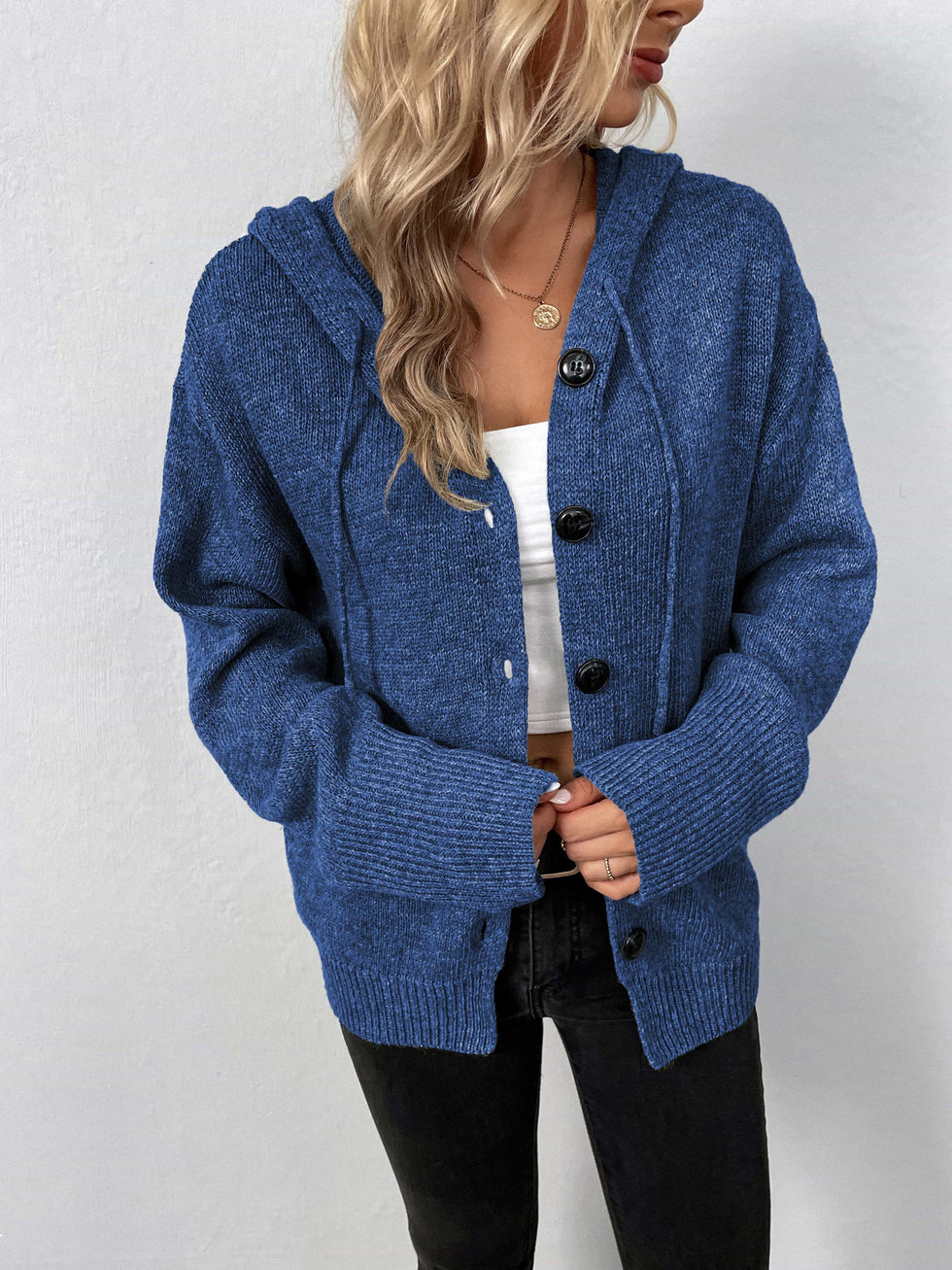 Button-Down Long Sleeve Hooded Sweater – Charming Charlie