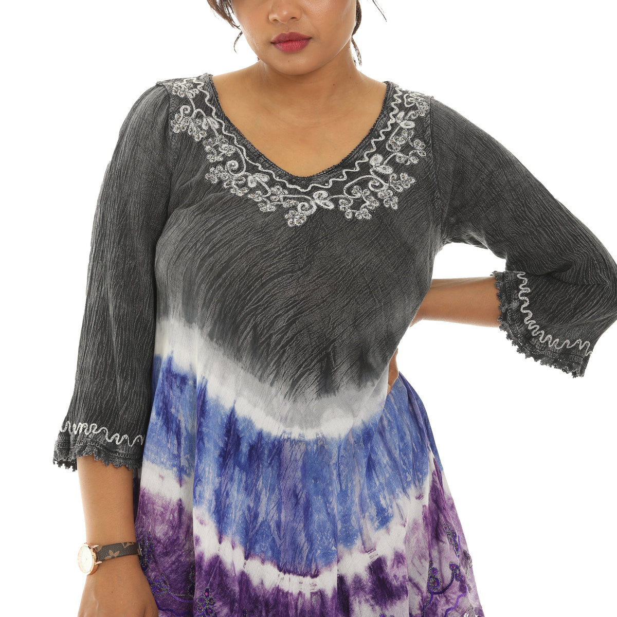 Three Quarter Sleeve Tunic with Floral Embellishment and Bold Color Pa ...
