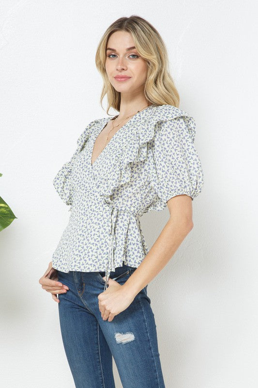 V-Neck Ruffle Front Blouse with Peplum Hem – Charming Charlie