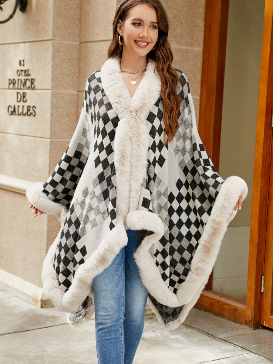 Checkered Faux Fur Trim Poncho – Charming Charlie