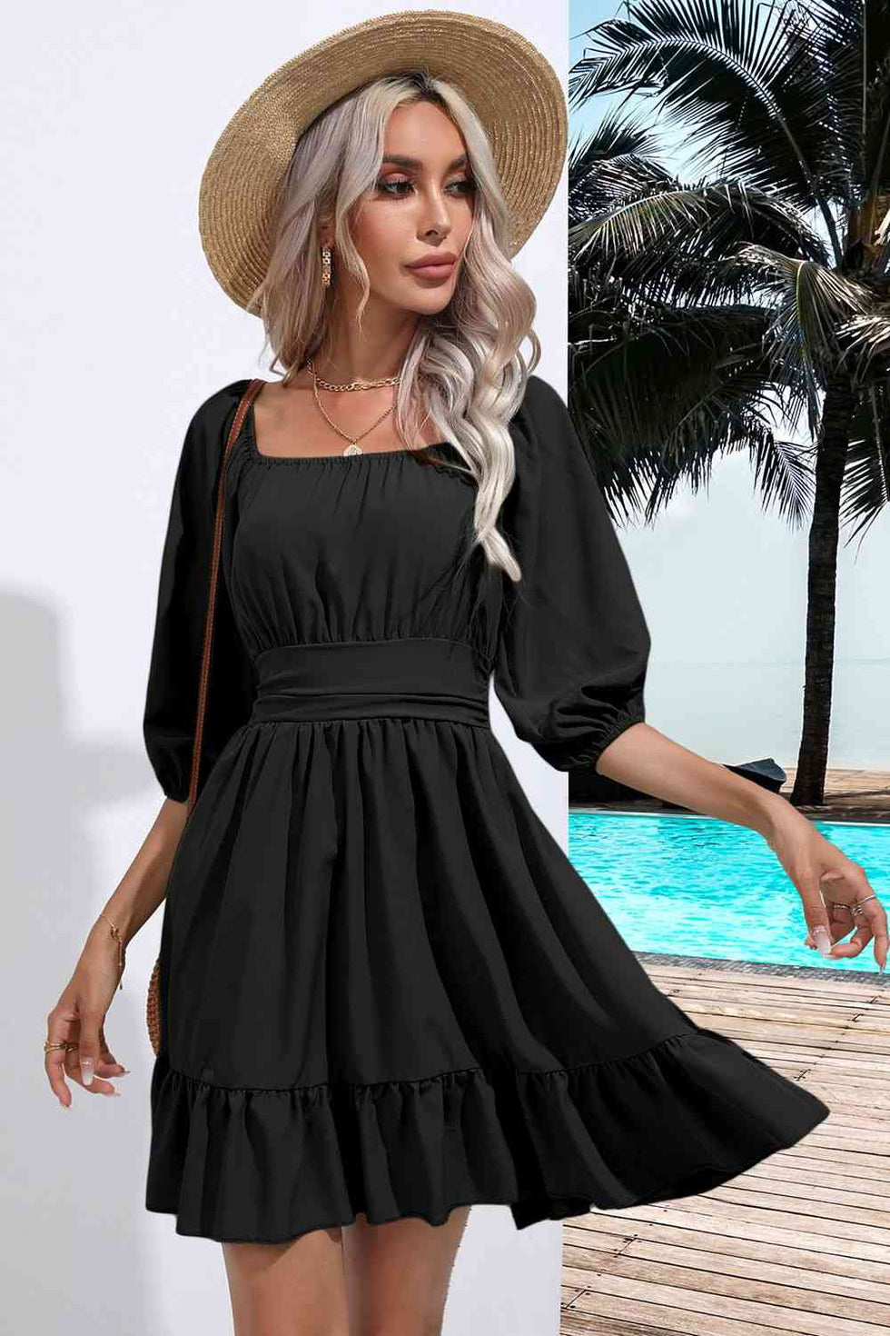 Square Neck Tie Back Ruffle Hem Dress – Charming Charlie