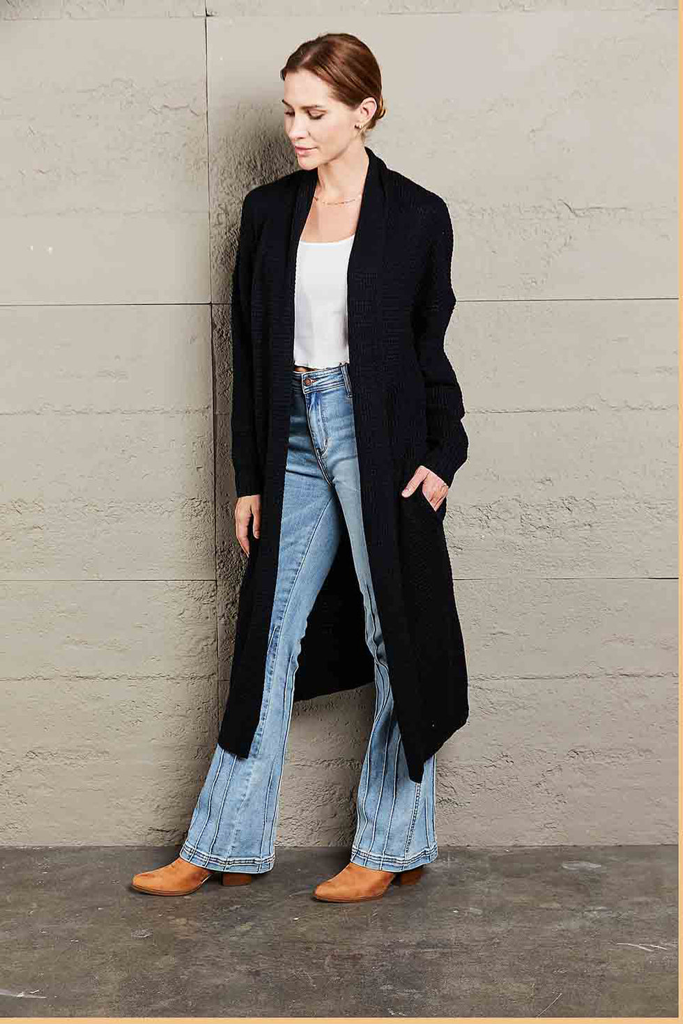 Double Take Waffle Knit Open Front Duster Cardigan With Pockets ...