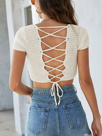 Lace-Up Openwork Square Neck Sweater – Charming Charlie