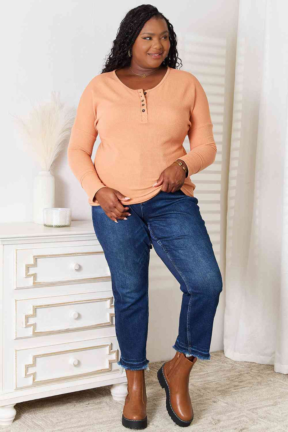 Basic Bae Half Button Long Sleeve Top – Charming Charlie