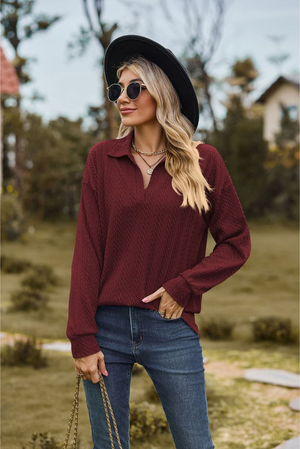 Collared Neck Cable-Knit Long Sleeve Blouse – Charming Charlie