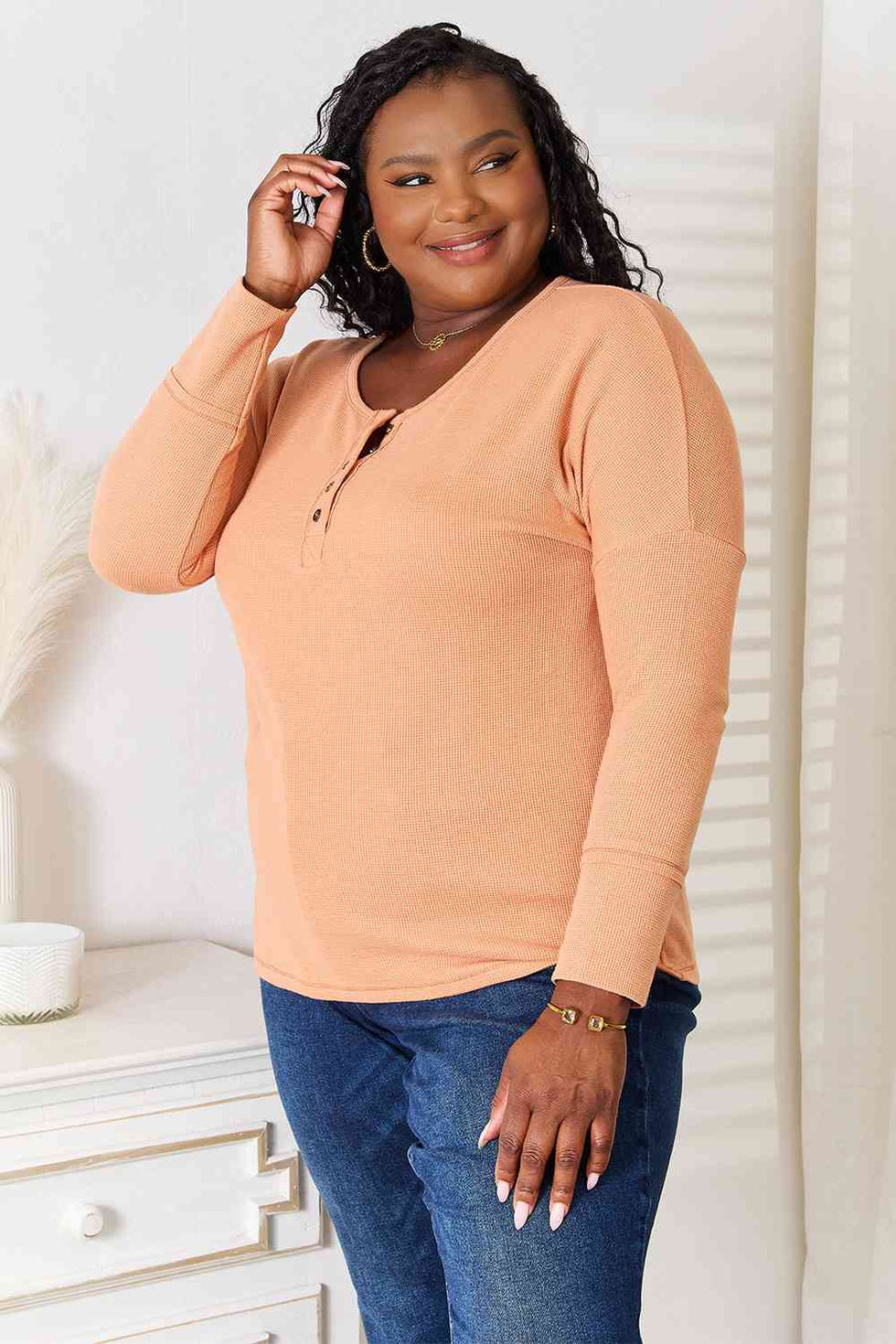 Basic Bae Half Button Long Sleeve Top – Charming Charlie