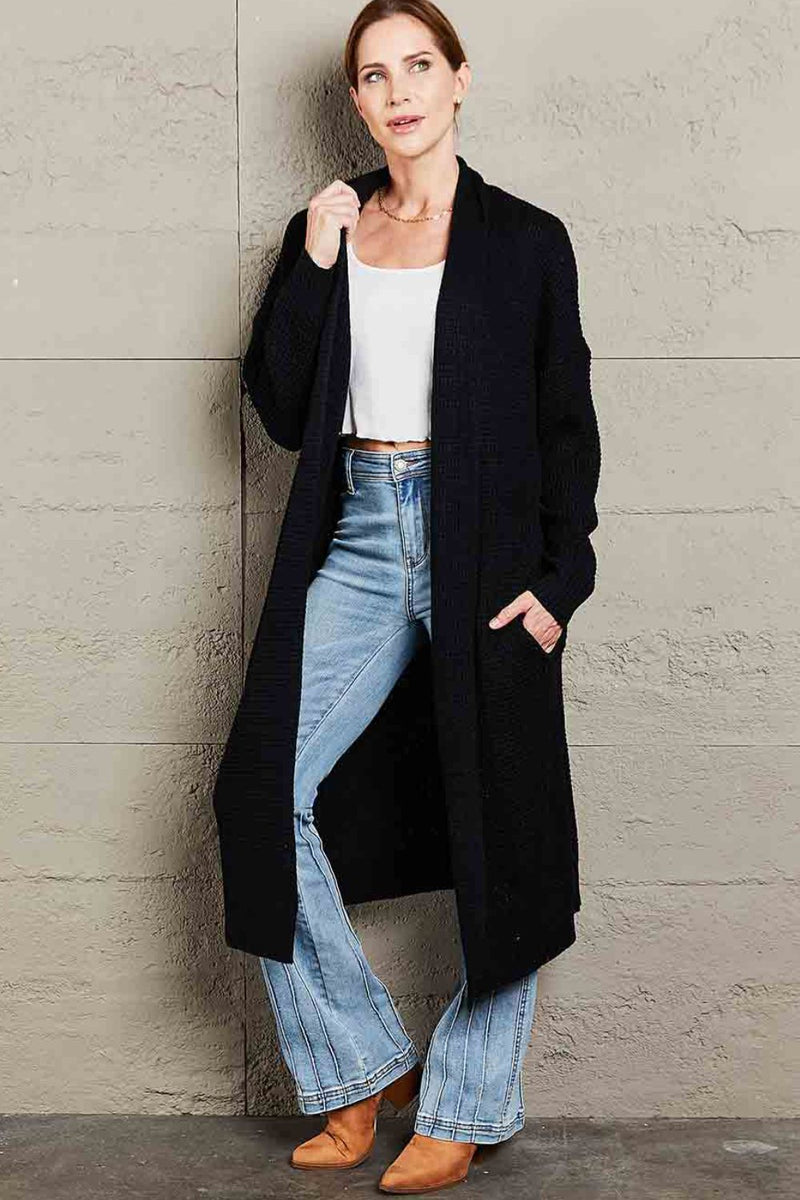 Double Take Waffle Knit Open Front Duster Cardigan With Pockets ...