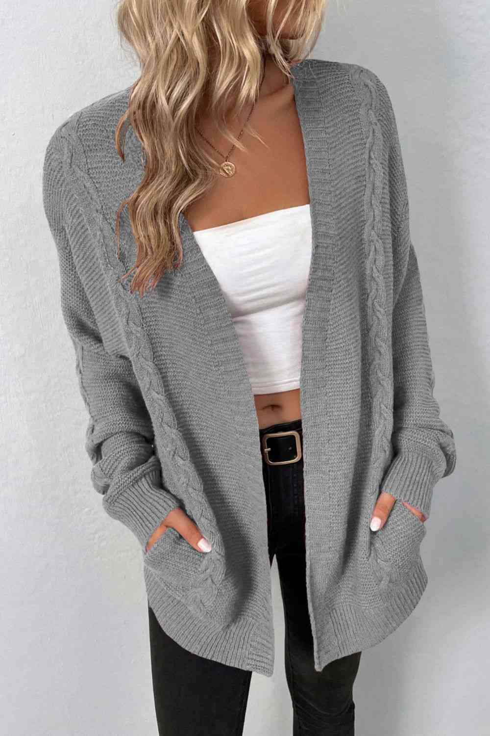 Cable-Knit Open Front Cardigan with Pockets – Charming Charlie