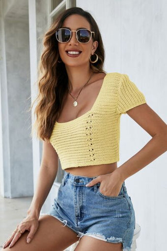 Lace-Up Openwork Square Neck Sweater – Charming Charlie