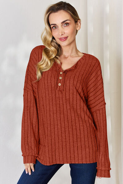 Basic Bae Full Size Ribbed Half Button Long Sleeve T-Shirt – Charming ...