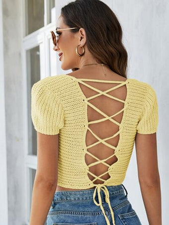 Lace-Up Openwork Square Neck Sweater – Charming Charlie