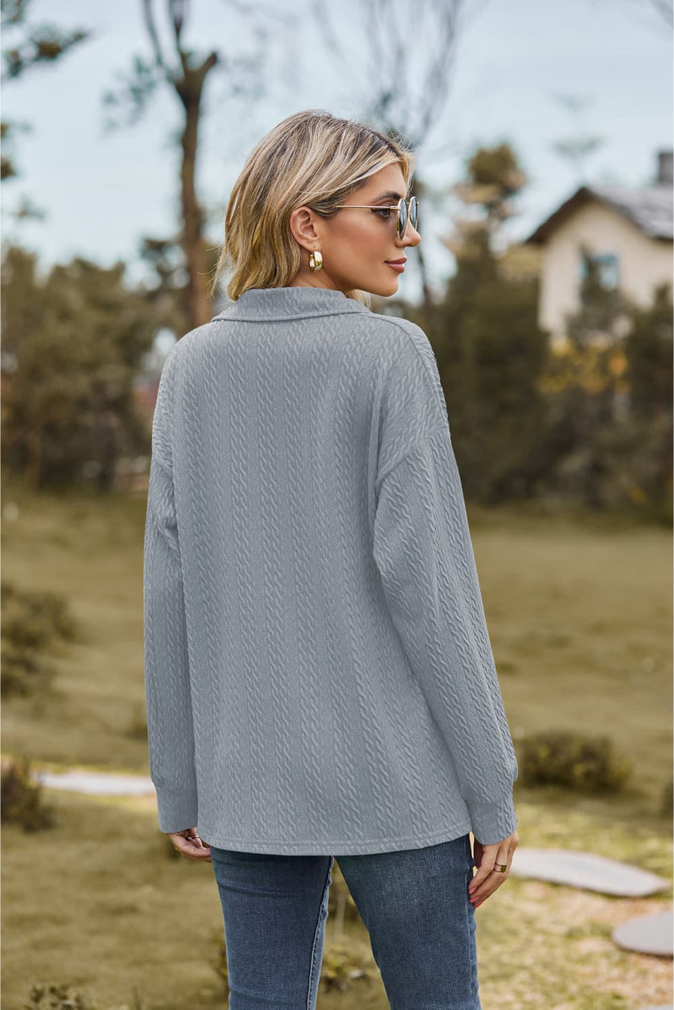 Collared Neck Cable-Knit Long Sleeve Blouse – Charming Charlie