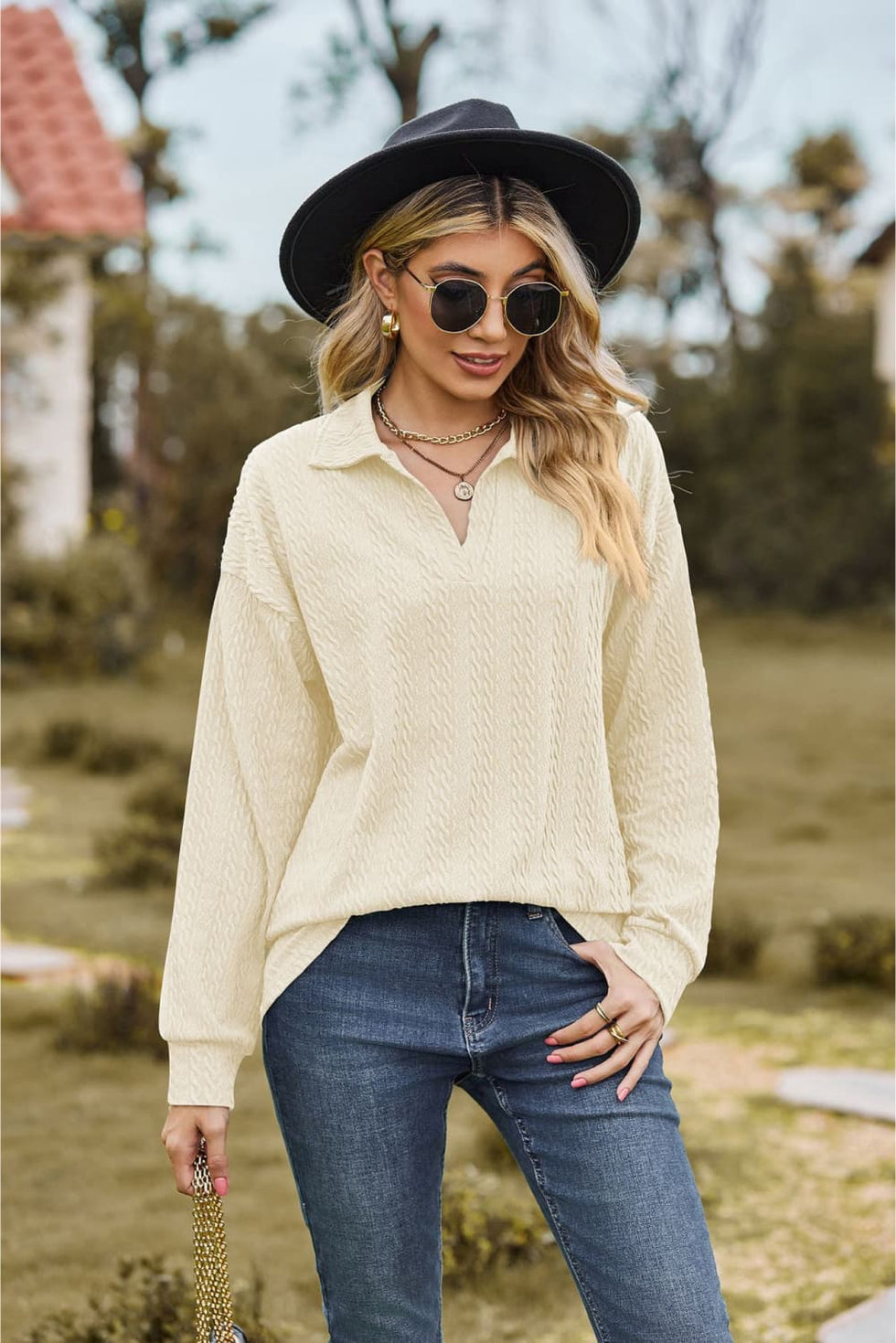 Collared Neck Cable-Knit Long Sleeve Blouse – Charming Charlie