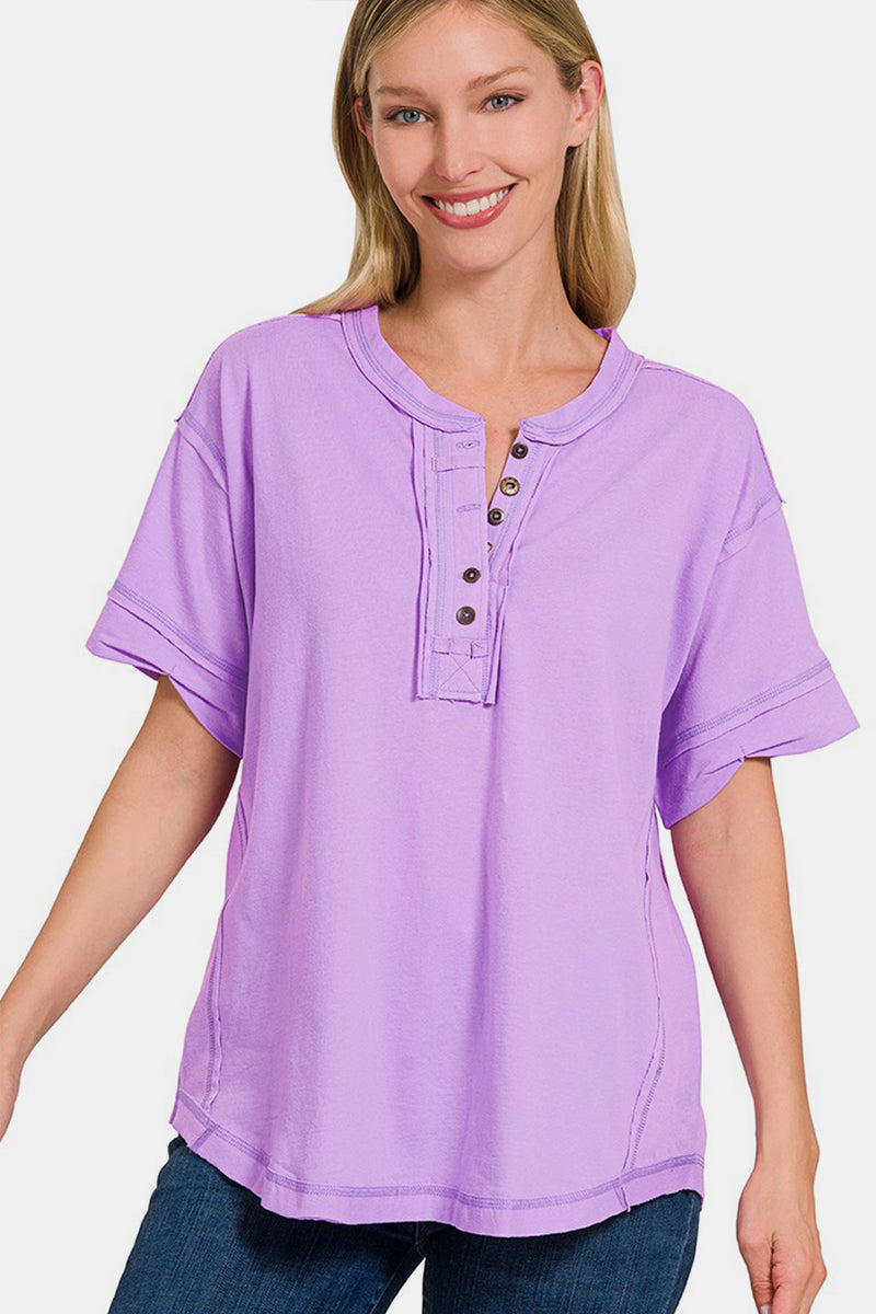 Zenana Exposed Seam Half Button Short Sleeve Top – Charming Charlie