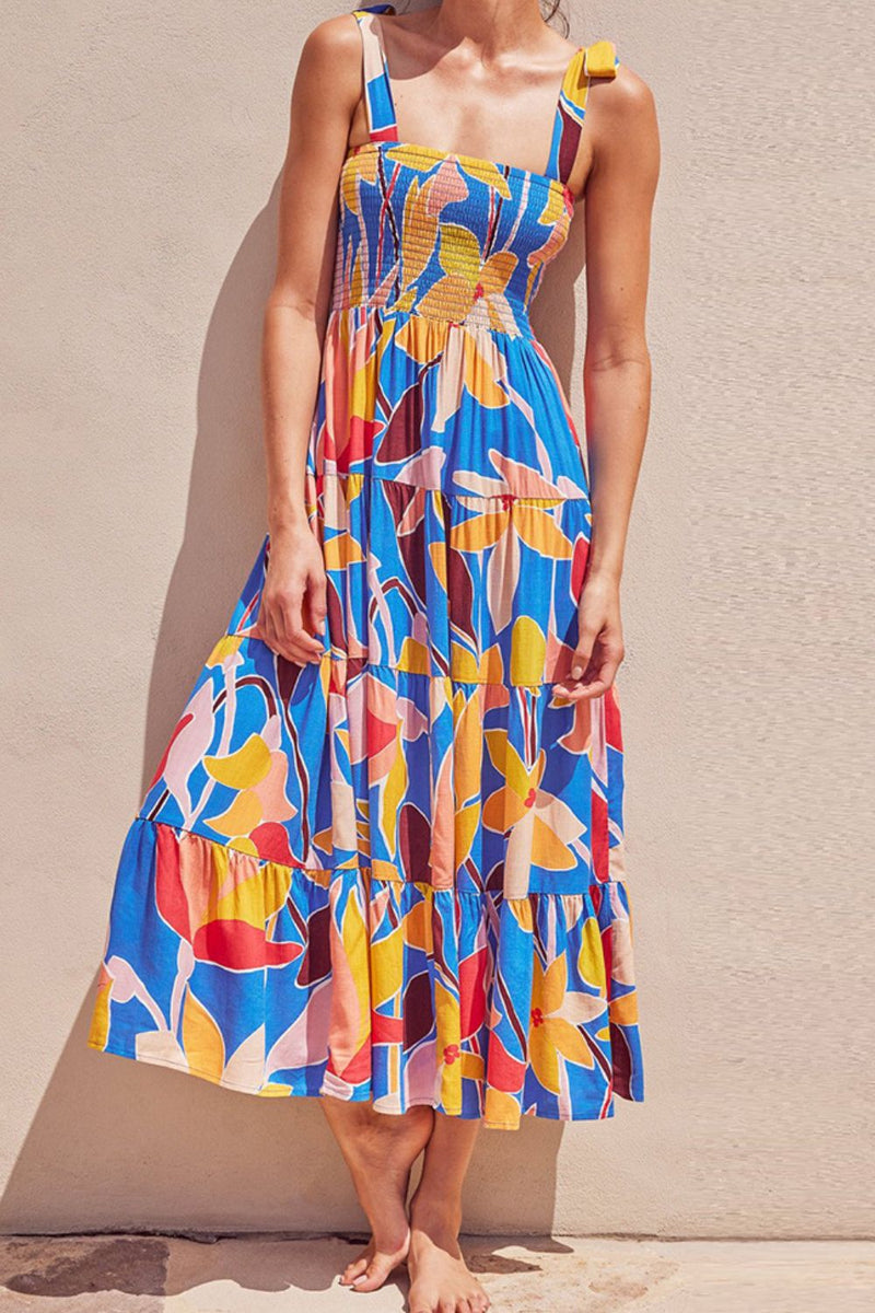 Floral Tie Shoulder Smocked Tiered Dress – Charming Charlie