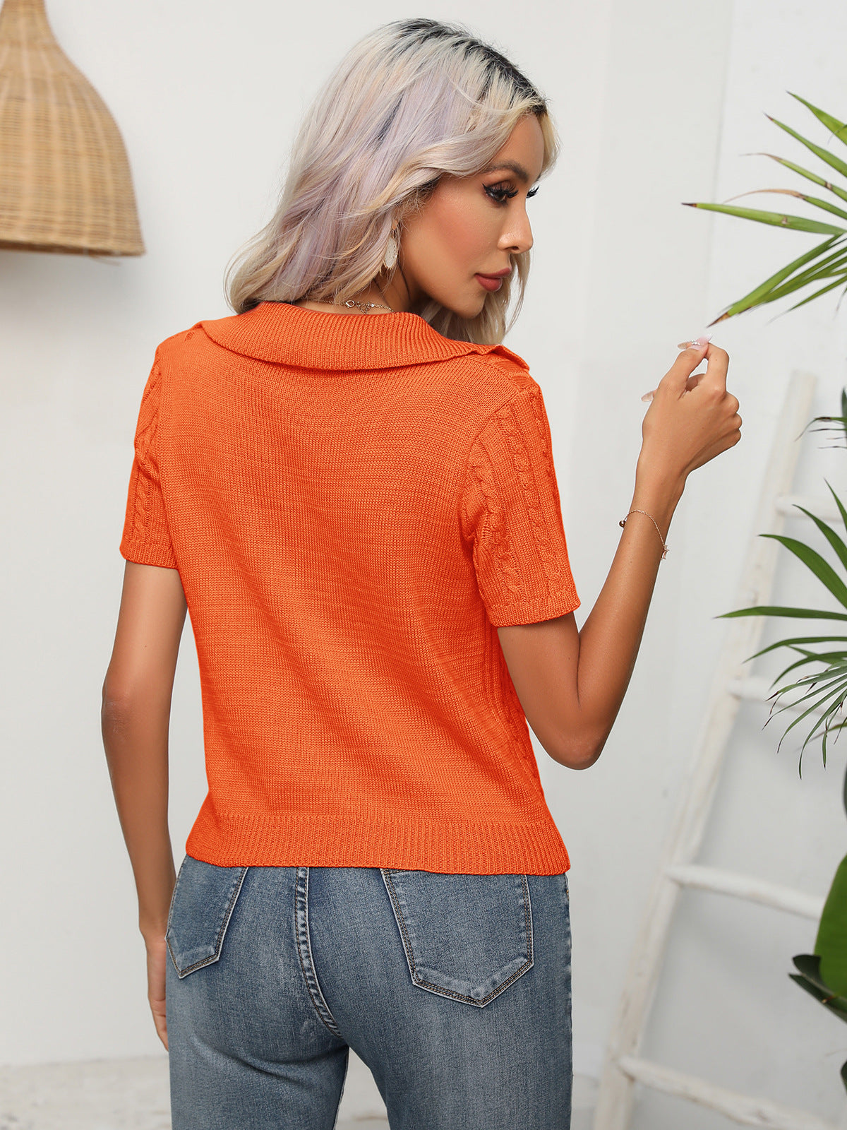 Cable-Knit Johnny Collar Short Sleeve Knit Top – Charming Charlie
