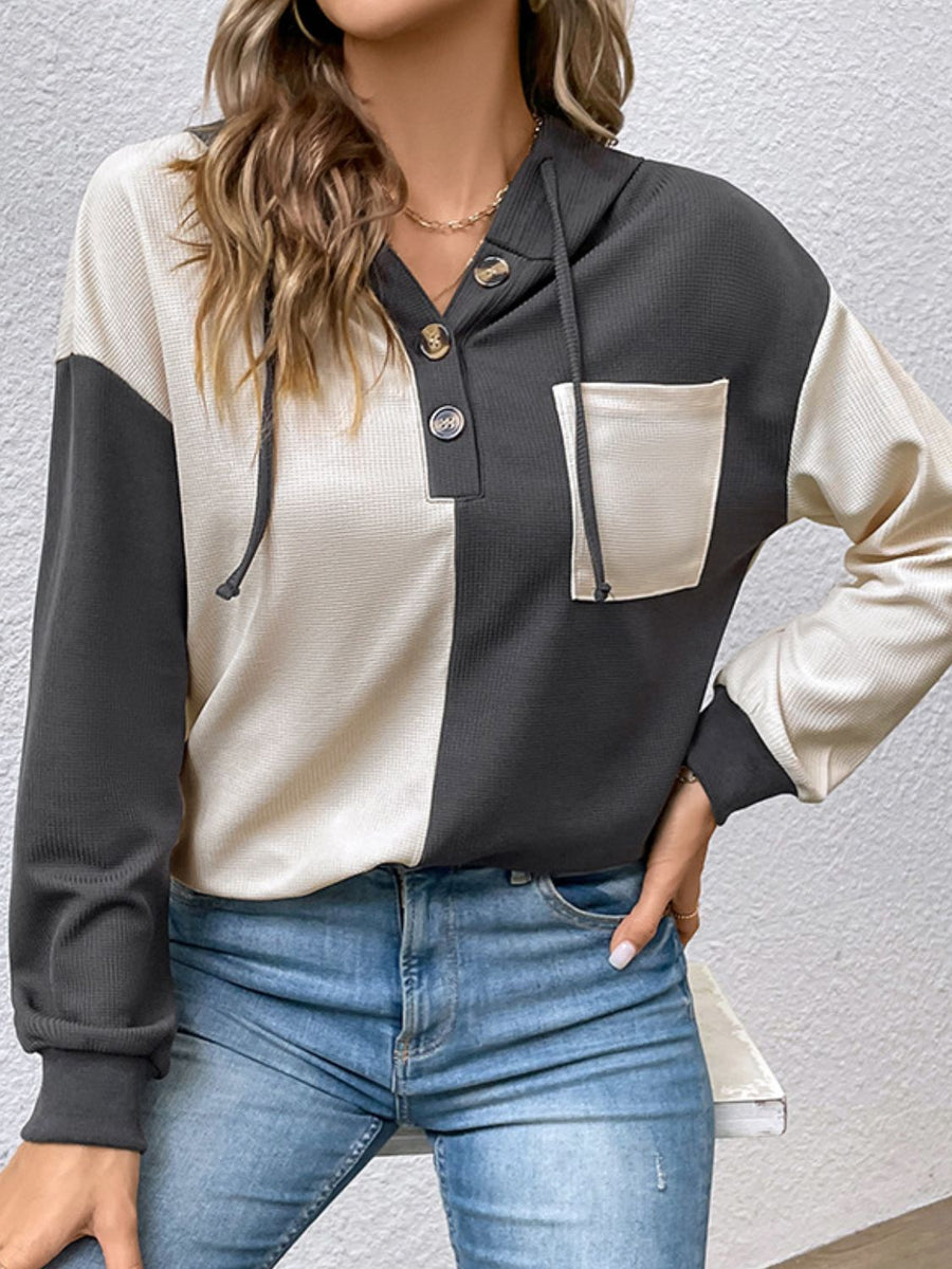 Contrast Color Button-Up Raglan Sleeve Hoodie – Charming Charlie