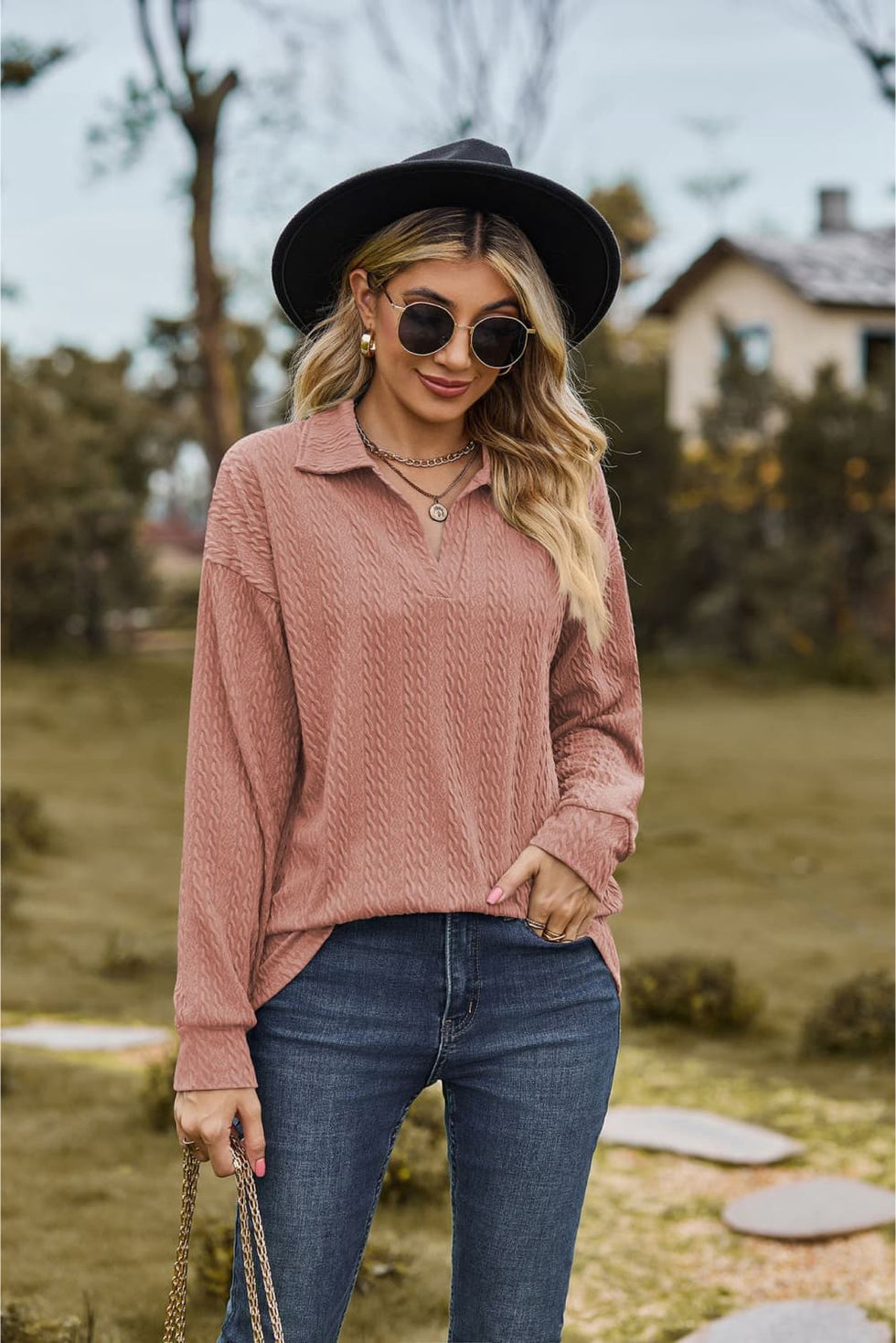 Collared Neck Cable-Knit Long Sleeve Blouse – Charming Charlie