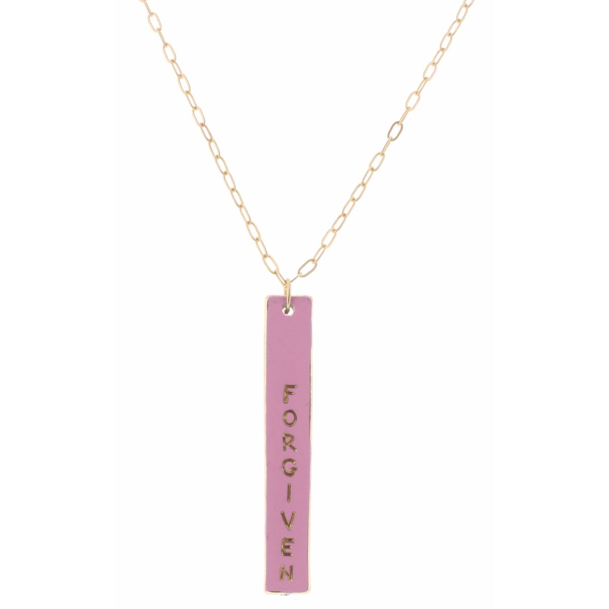 30" Pink Enamel "Forgive" Double Sided Bar with Cross on Back Necklace ...