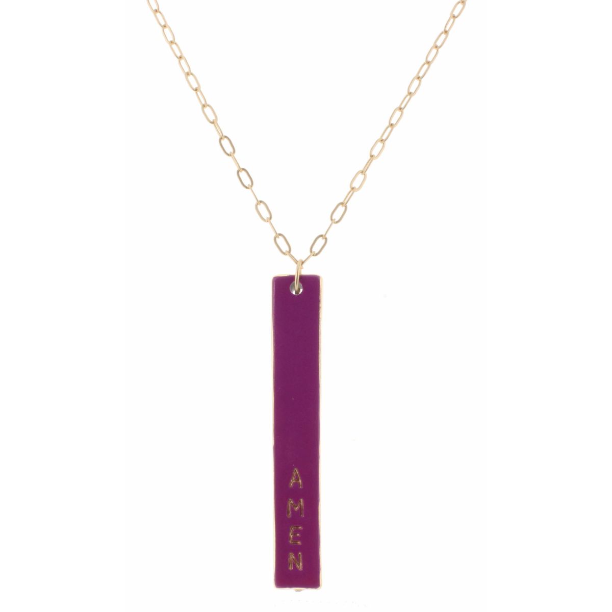 30" Purple Enamel "Amen" Double Sided Bar with Cross on Back Necklace ...
