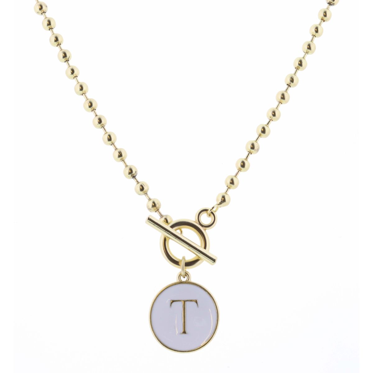 16" White Epoxy "T" Initial on Bead Chain with Toggle Necklace ...