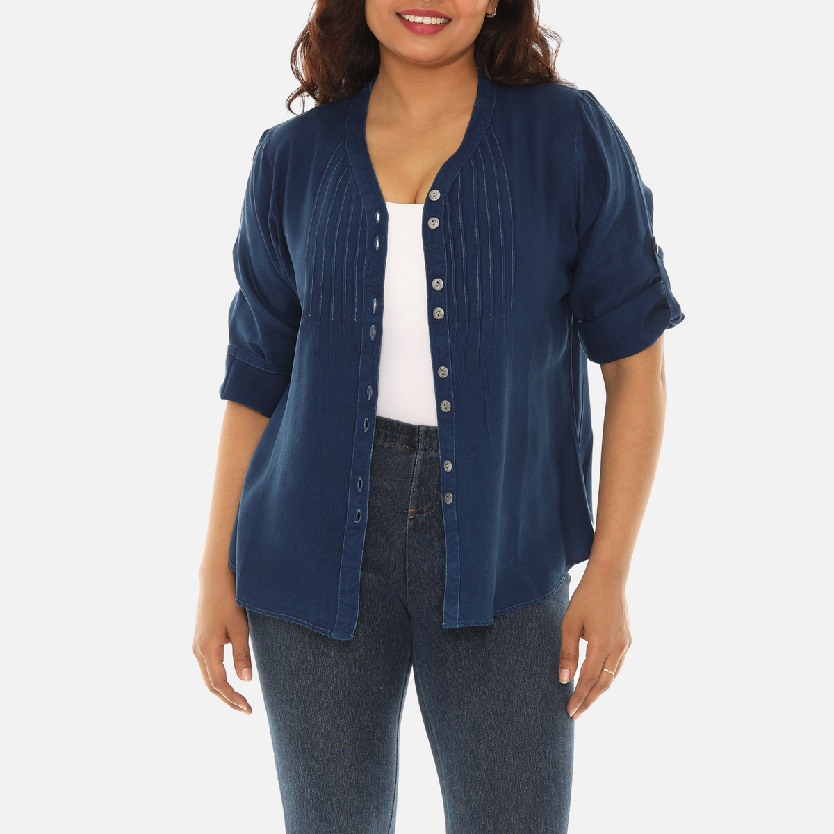 V-Neck Pin-Tuck Button-Front Tunic – Charming Charlie