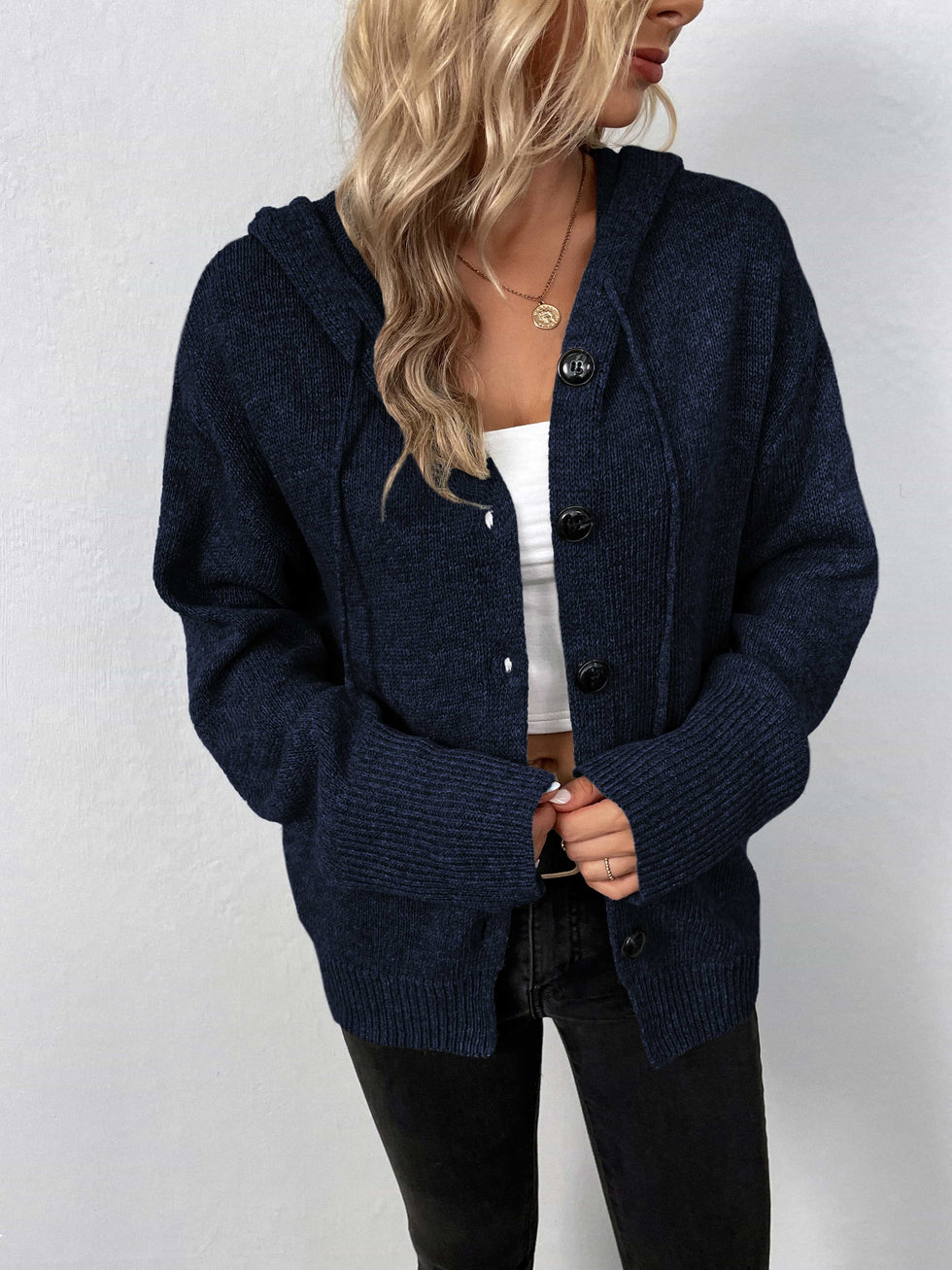 Button-Down Long Sleeve Hooded Sweater – Charming Charlie