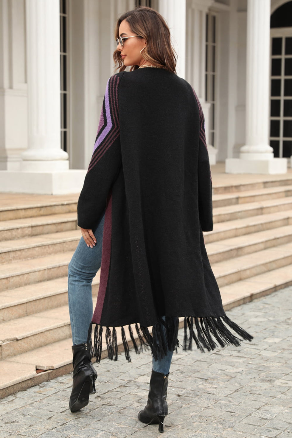 Double Take Geometric Fringe Hem Open Front Duster Cardigan – Charming ...