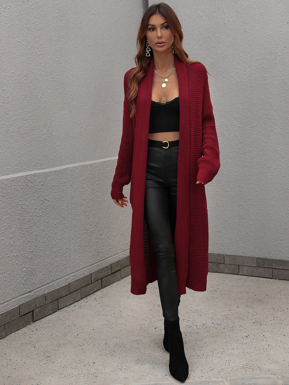 Double Take Waffle Knit Open Front Duster Cardigan With Pockets ...