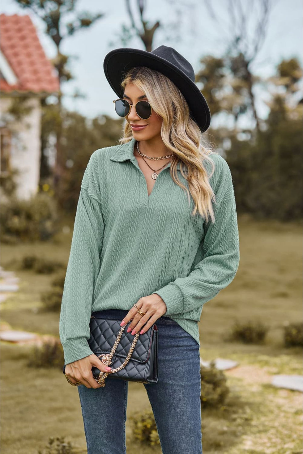 Collared Neck Cable-Knit Long Sleeve Blouse – Charming Charlie