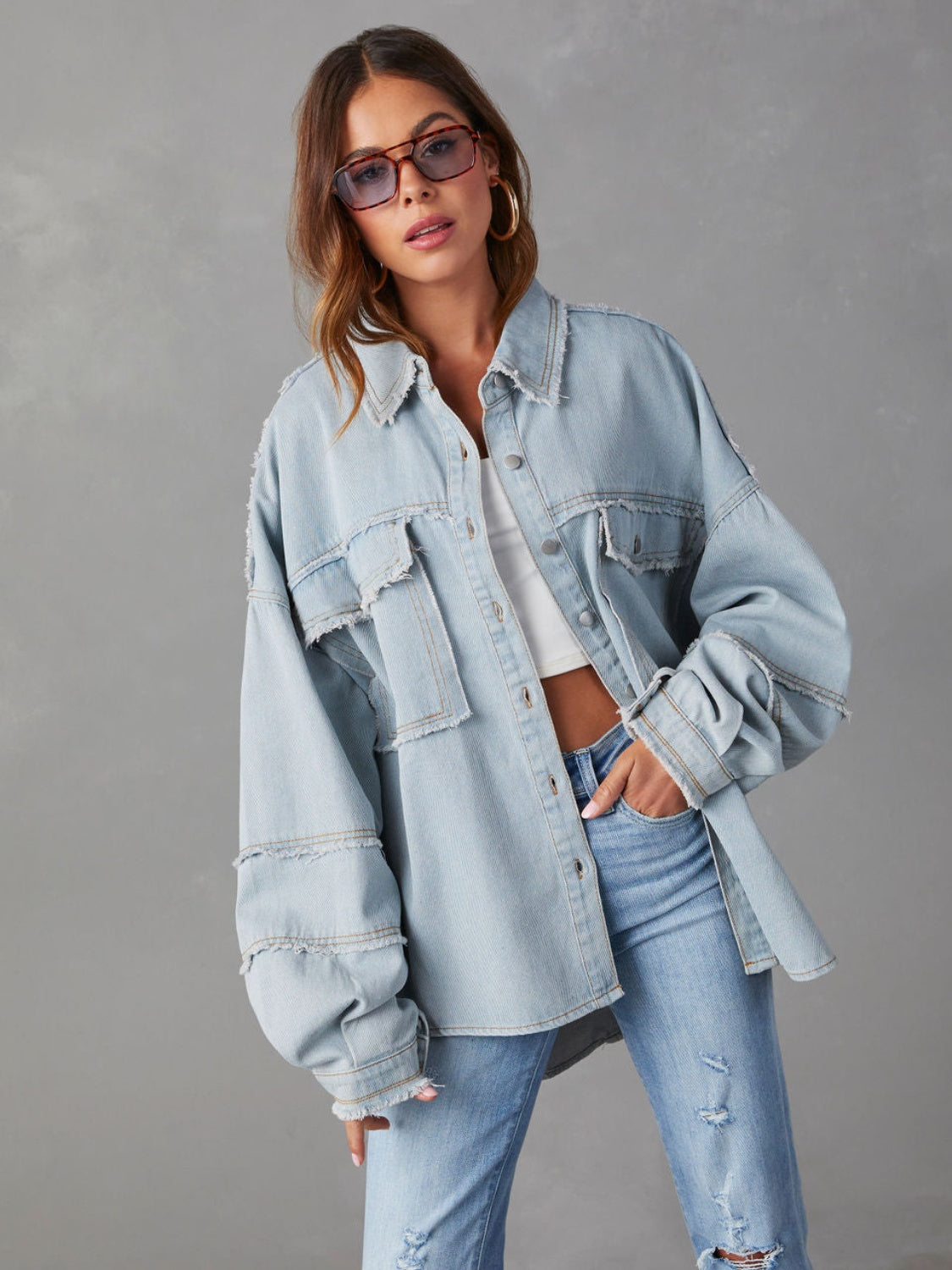 Dropped Shoulder Raw Hem Jacket – Charming Charlie