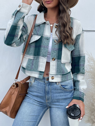 Plaid Button Up Drop Shoulder Cropped Jacket – Charming Charlie