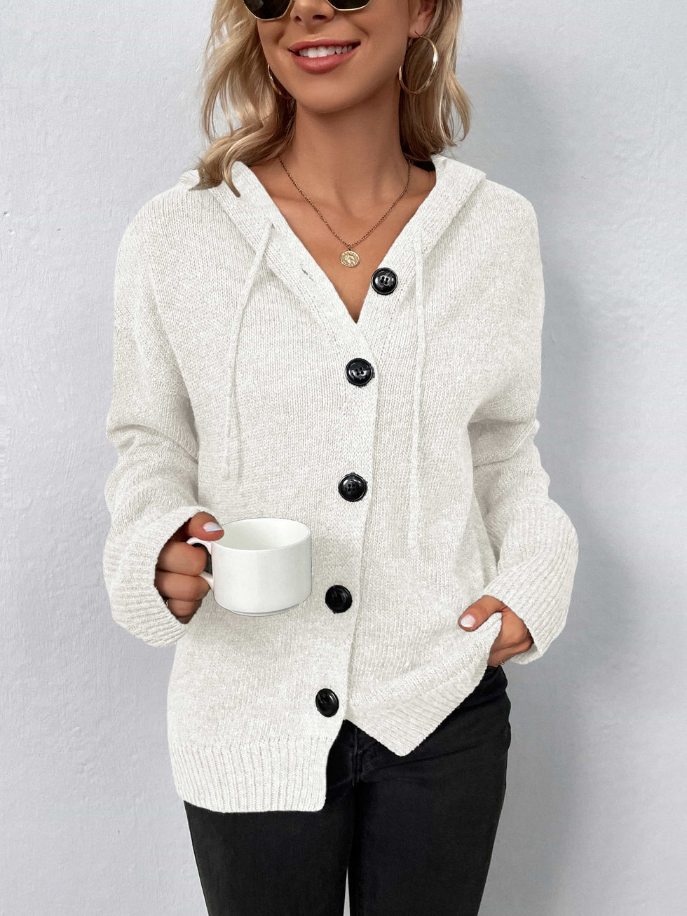 Button-Down Long Sleeve Hooded Sweater – Charming Charlie