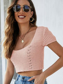 Lace-Up Openwork Square Neck Sweater – Charming Charlie