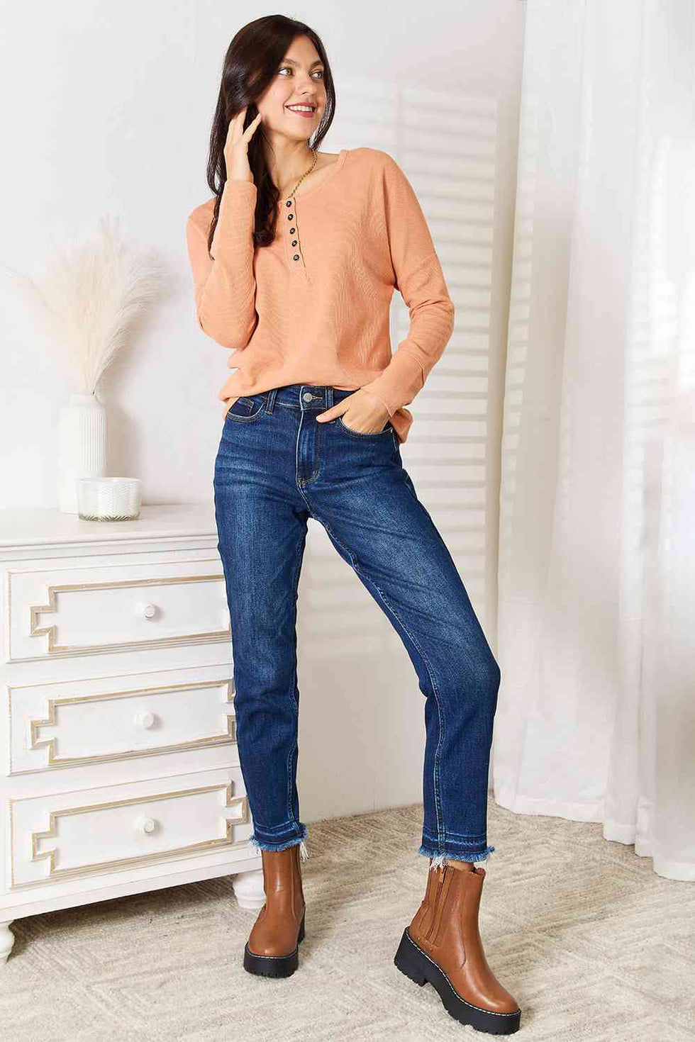 Basic Bae Half Button Long Sleeve Top – Charming Charlie