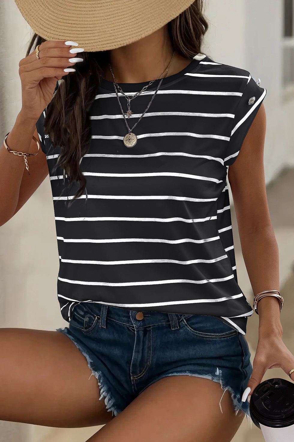 Decorative Button Round Neck T-Shirt – Charming Charlie