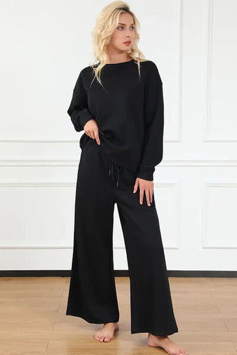 Double Take Full Size Textured Long Sleeve Top and Drawstring Pants Se ...