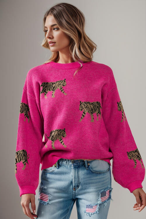 Tiger Pattern Round Neck Drop Shoulder Sweater – Charming Charlie